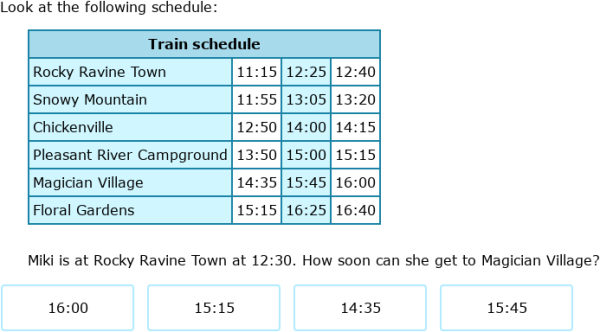 IXL - Transportation schedules - 24-hour time (Primary 4 maths practice)