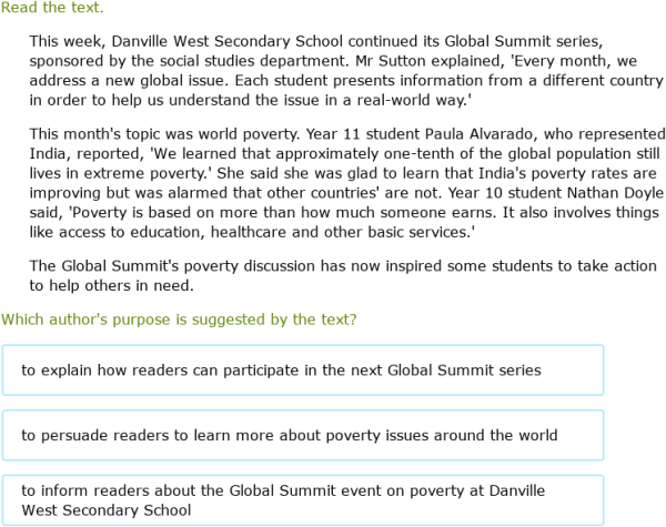 IXL - Identify the author's purpose (Secondary 2 English language practice)