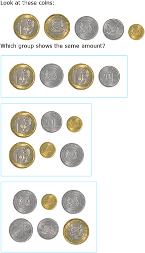 IXL - Equivalent amounts of money - up to $5 (Primary 2 maths practice)