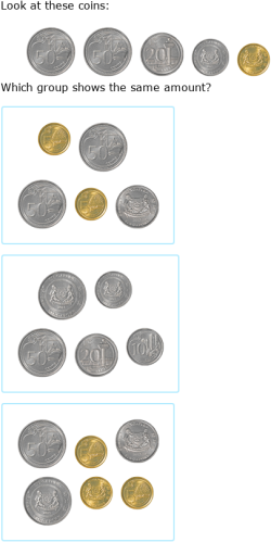 IXL - Equivalent amounts of money - up to $1 (Primary 2 maths practice)